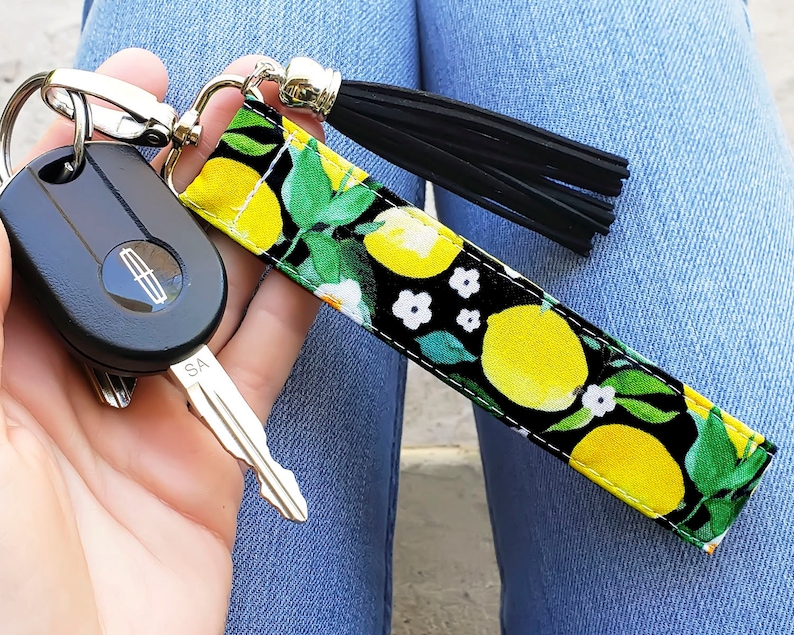 Lemon Keychain Wristlet Lemon Floral Key Fob Lemon Floral - Etsy