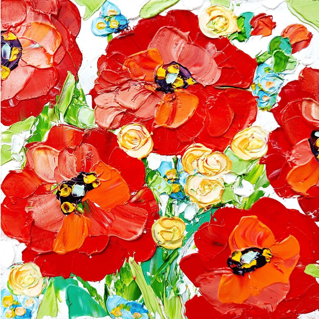 Original Poppy Oil Painting: Red Orange Impasto Floral Art (6x6) - Etsy