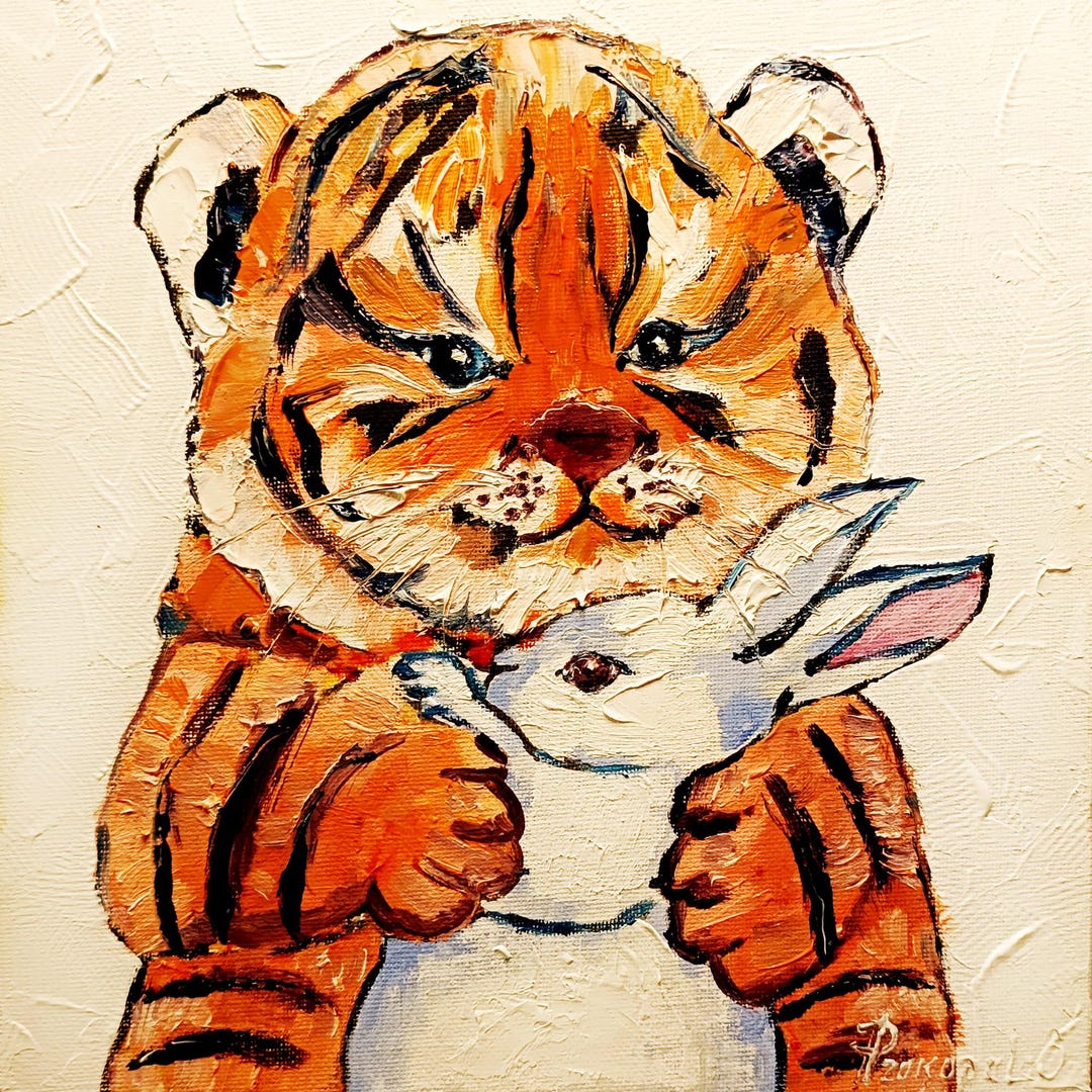 Tiger Cub Painting Rabbit Original Art Christmas Gifts Impasto Oil ...