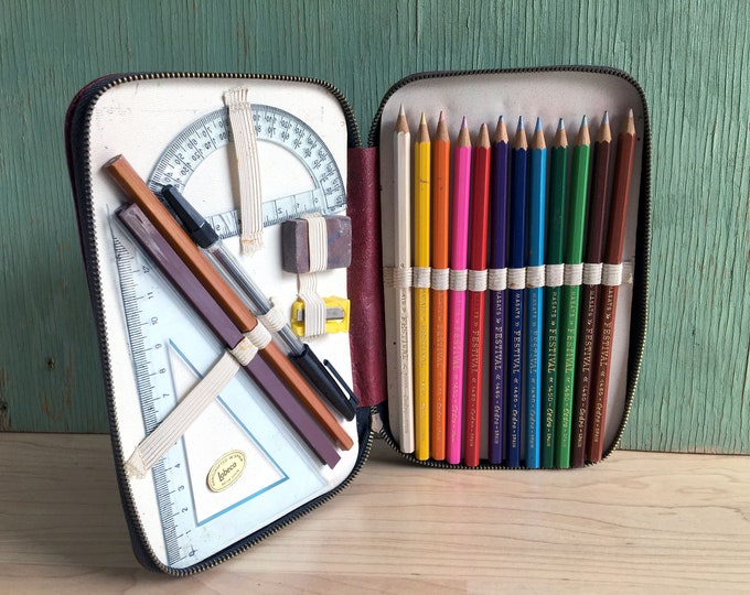 Vintage Colored Pencil Kit Filled With Art Supplies, Zippered Executive ...