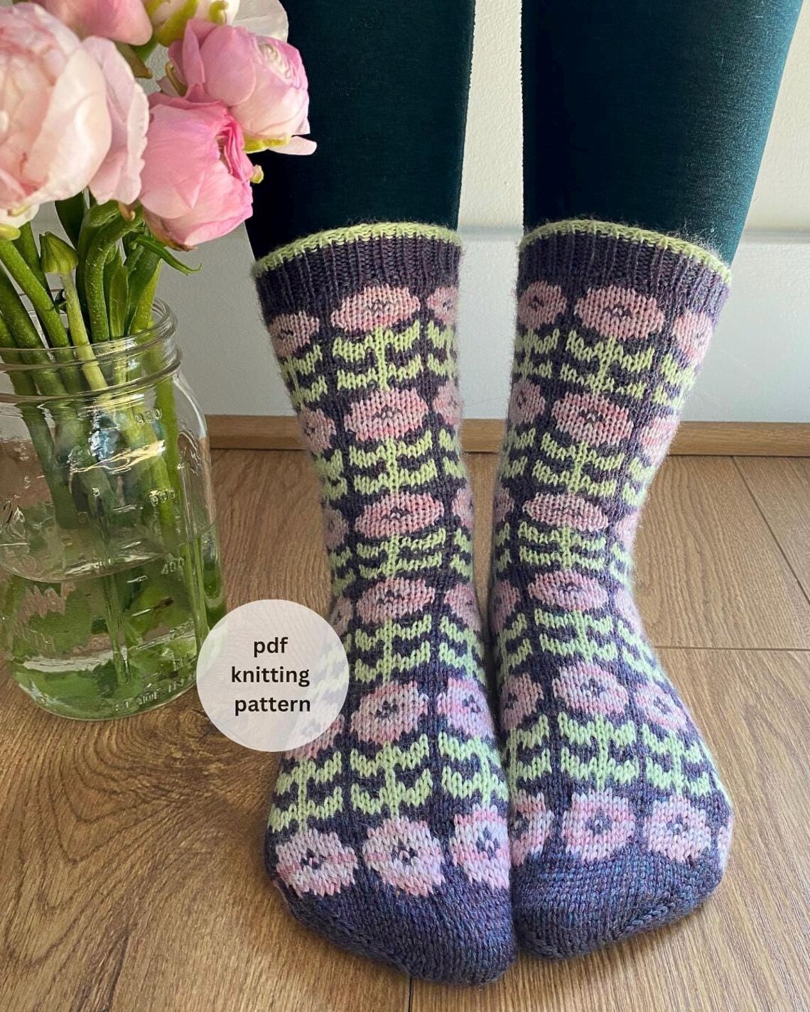 KNITTING PATTERN: Perfect Peony Socks | Flower Color Work Socks ...