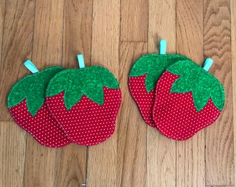 Handmade Strawberry Quilted Fabric Coasters – Set of 4, Pink and Green ...