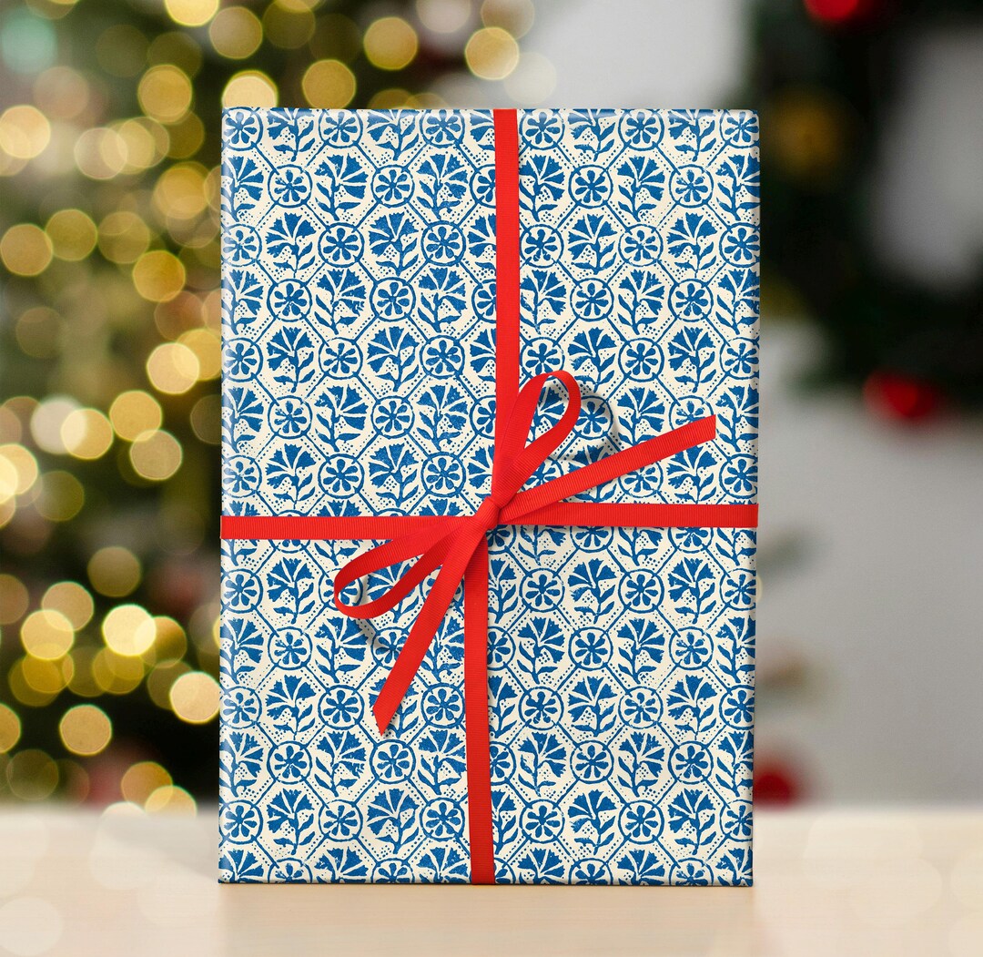Blue & Cream Flower Stamp Wrapping Paper Roll, Vintage Christmas Gift ...