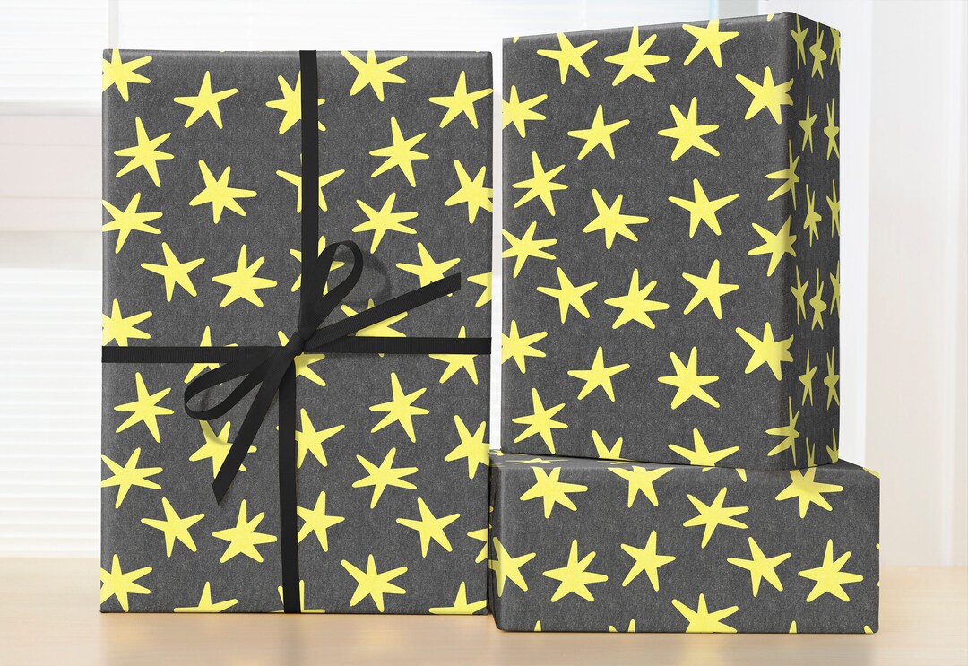 Matte Black Star Wrapping Paper Roll, Vintage Stars Gift Wrap Sheets ...