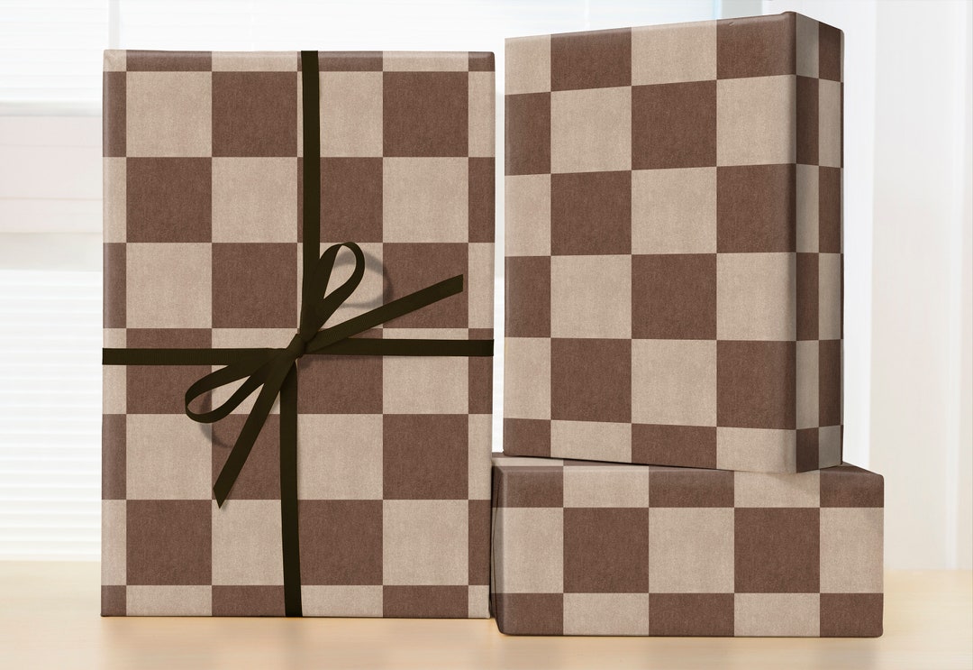 Vintage Brown Checker Wrapping Paper Roll, Coffee Brown Checkers Gift ...