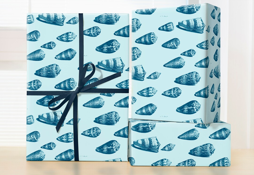 Sea Shell Wrapping Paper Roll; Vintage Shell Gift Wrap; Vintage Blue ...