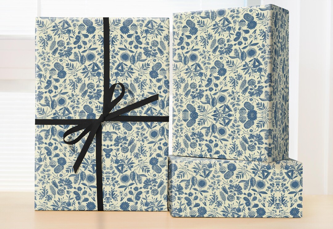 Vintage Blue French Pattern Wrapping Paper, Vintage Holiday, Christmas ...