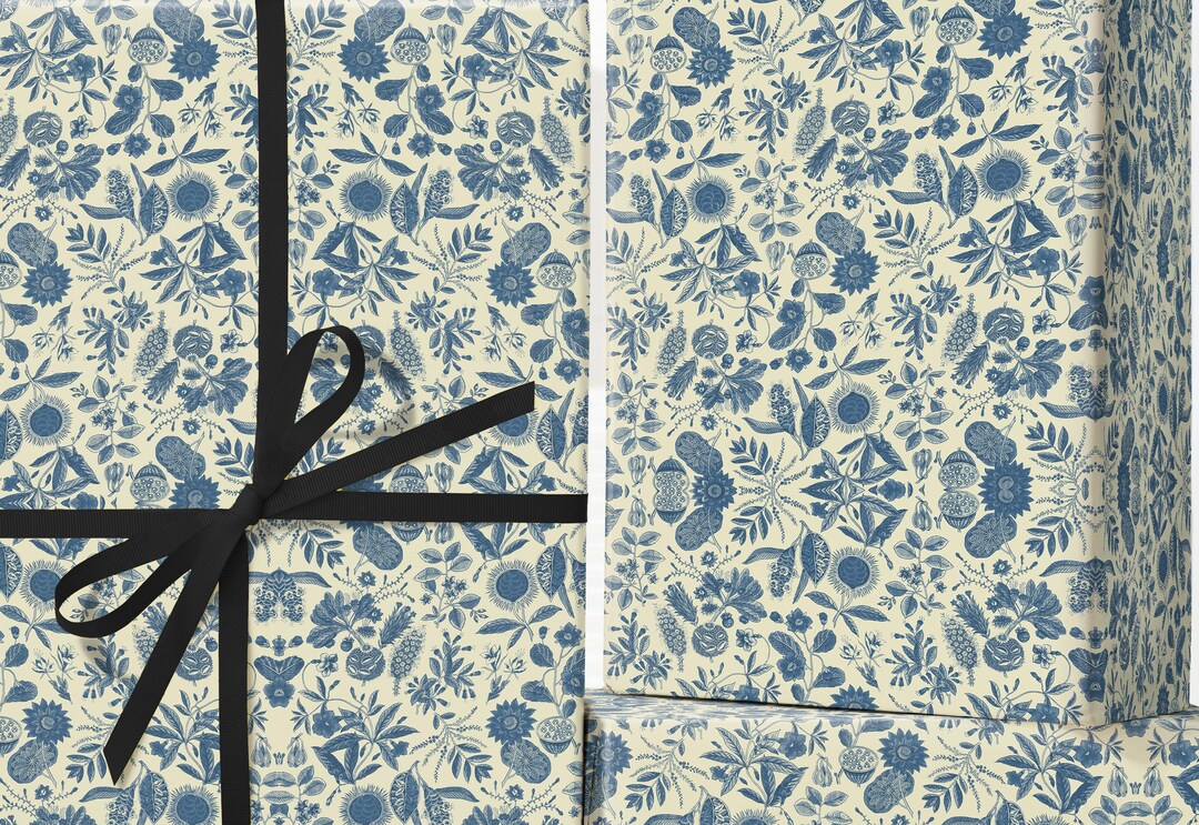 Vintage Blue French Pattern Wrapping Paper, Vintage Holiday, Christmas ...