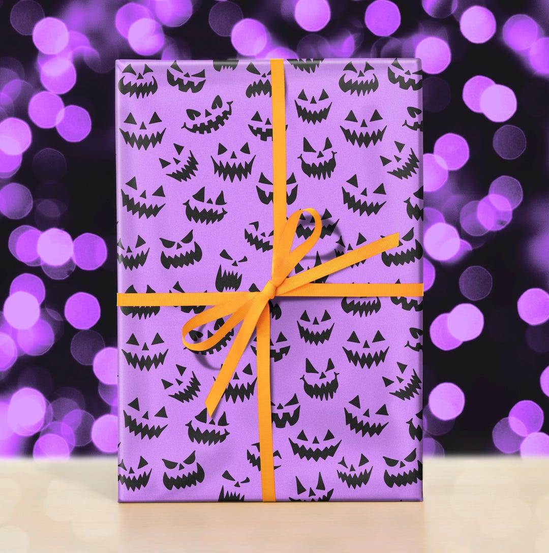 Haunted Pumpkin Face Pattern Wrapping Paper Roll, Vintage Purple Jackal ...
