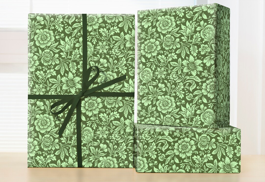 Green Flora Wrapping Paper Roll; Vintage Christmas Flora; Holiday Gift ...