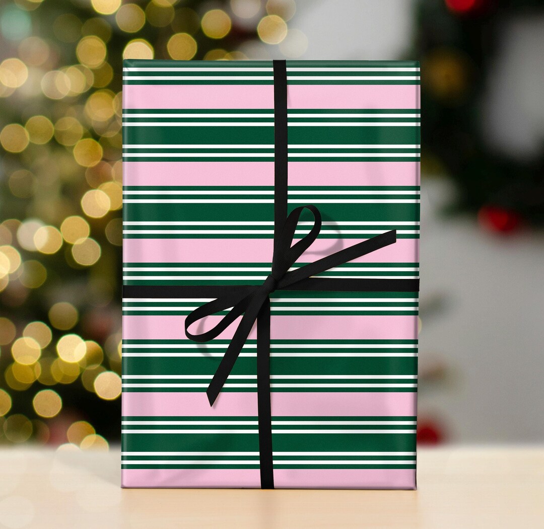 Pink and Green Stripe Pattern Wrapping Paper Roll, Large Stripes ...