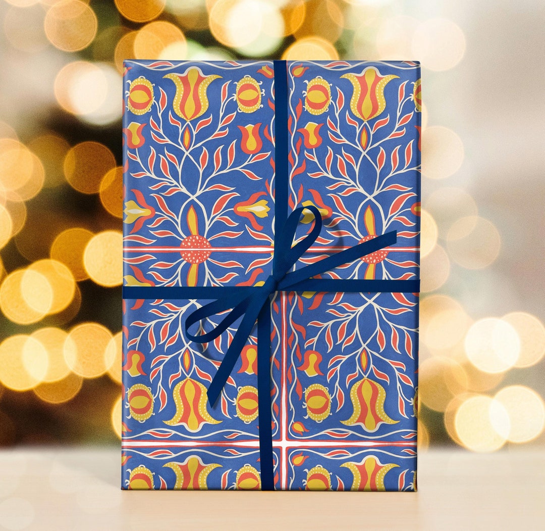 Folk Flower Pattern Wrapping Paper Roll, Vintage Floral Christmas Rolls ...