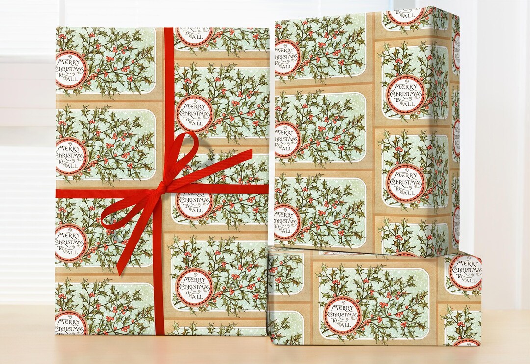 Vintage Christmas Card Wrapping Paper; Christmas Holly Card Wrapping ...