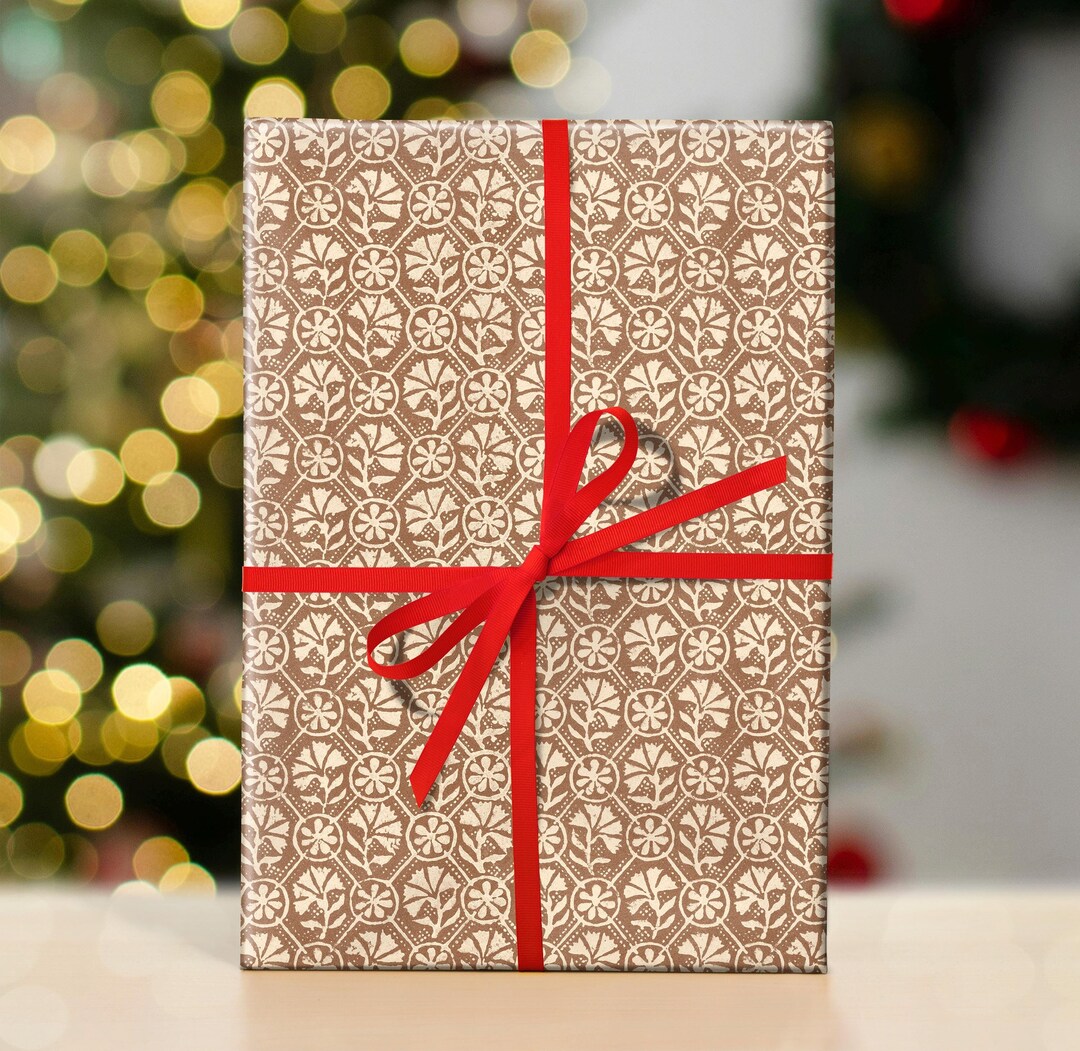 Brown Flower Stamp Wrapping Paper Roll, Vintage Christmas Gift Wrap ...