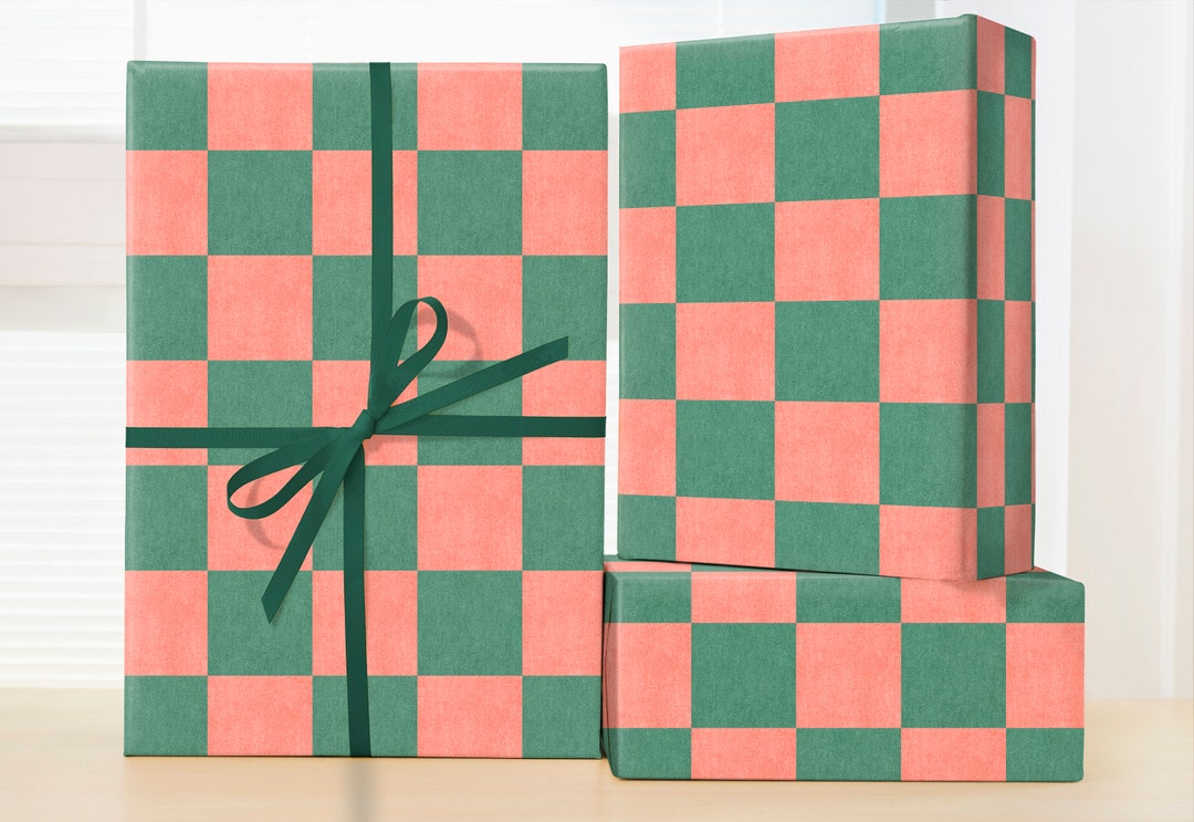 Vintage Green and Red Checker Wrapping Paper Roll, Checkers Gift Wrap ...