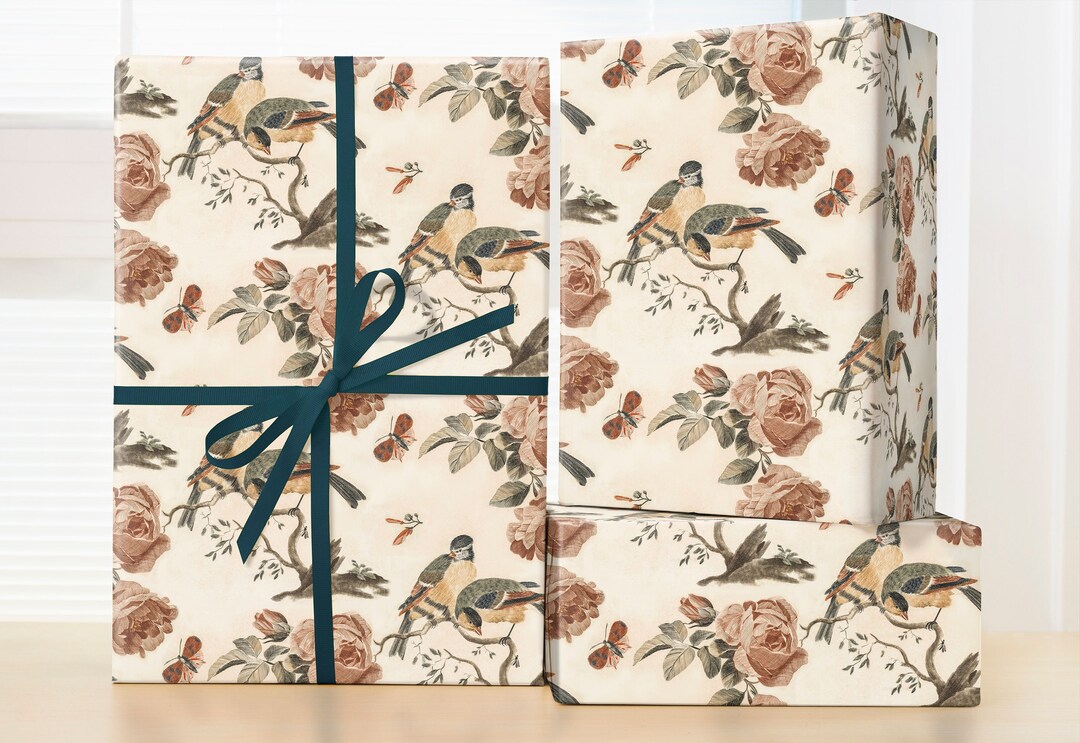 Vintage Bird Wrapping Paper Roll, Christmas Wrapping Paper Rolls, Beige ...