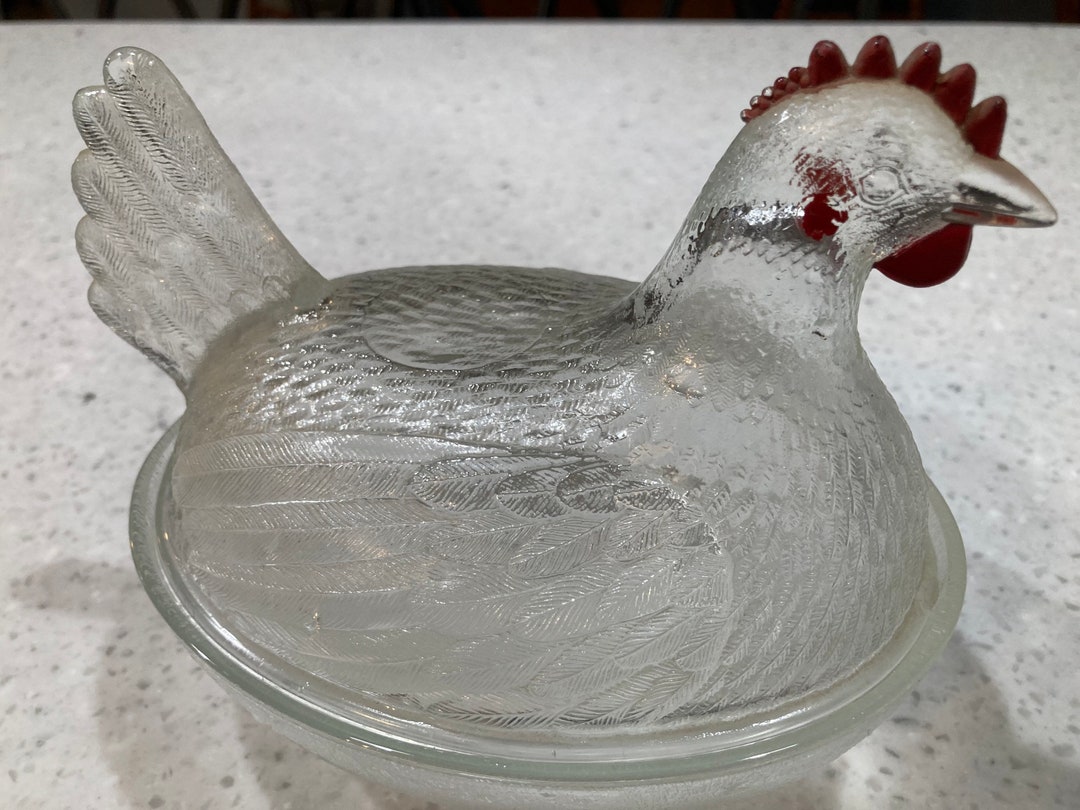Clear Glass Chicken With Red Accents - Etsy
