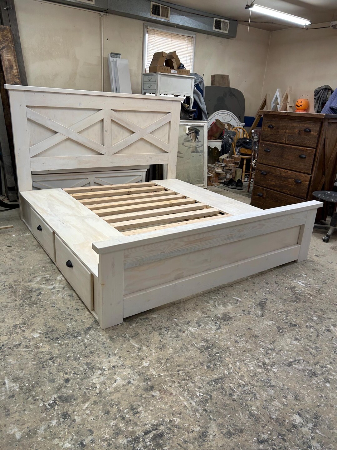 White Washed King Size Farmhouse Bed With Underneath Storage - Etsy