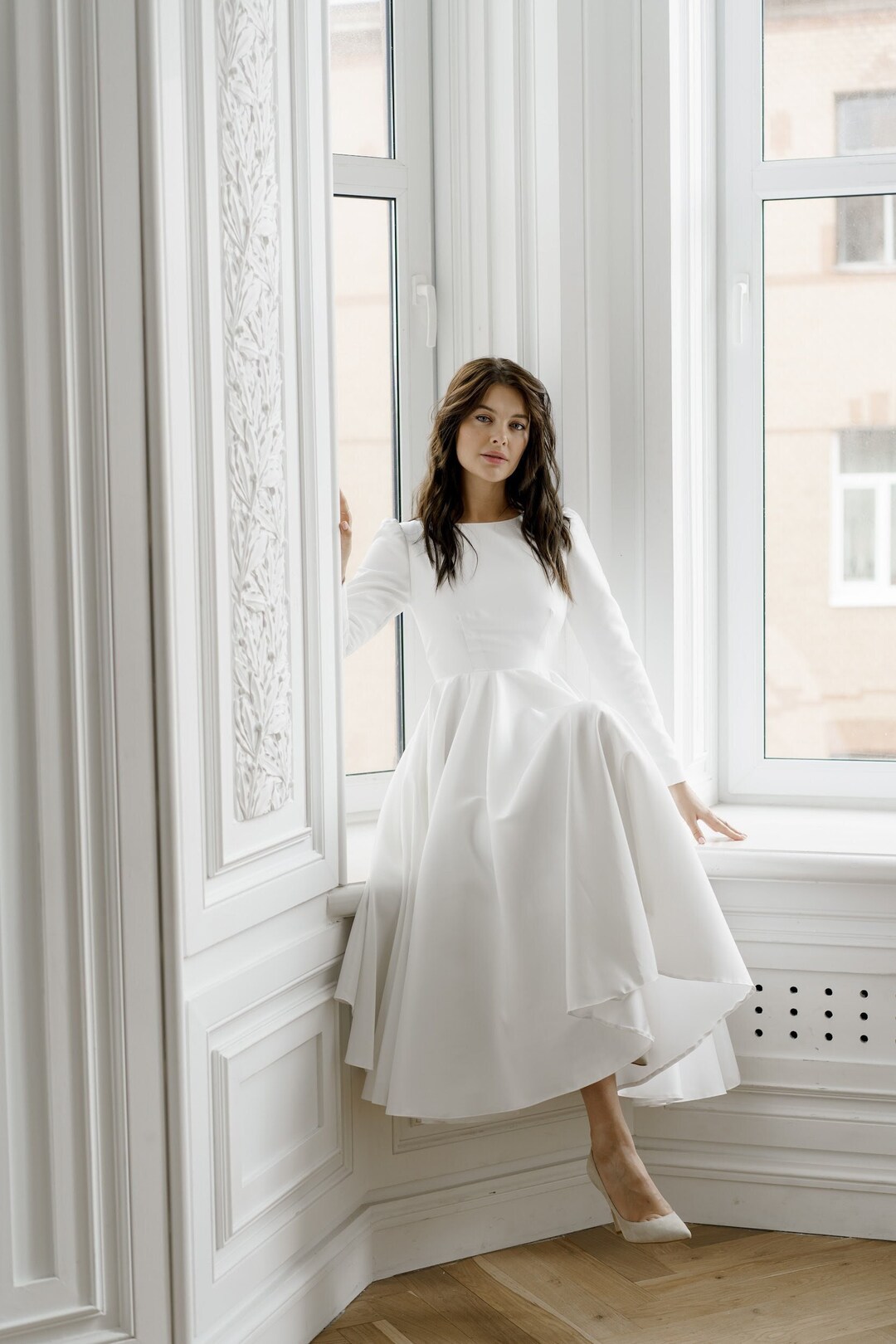 Modest Wedding Dress Boat Neckline With Long Sleeves - Etsy