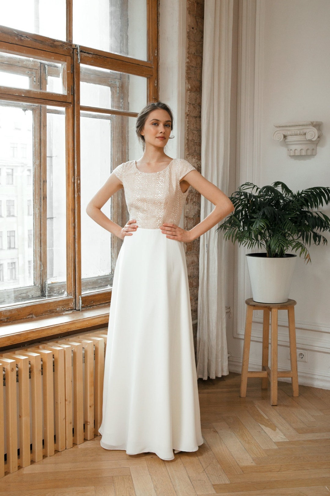 Lace Wedding Dress Open V Backline A Line Dress Beige - Etsy