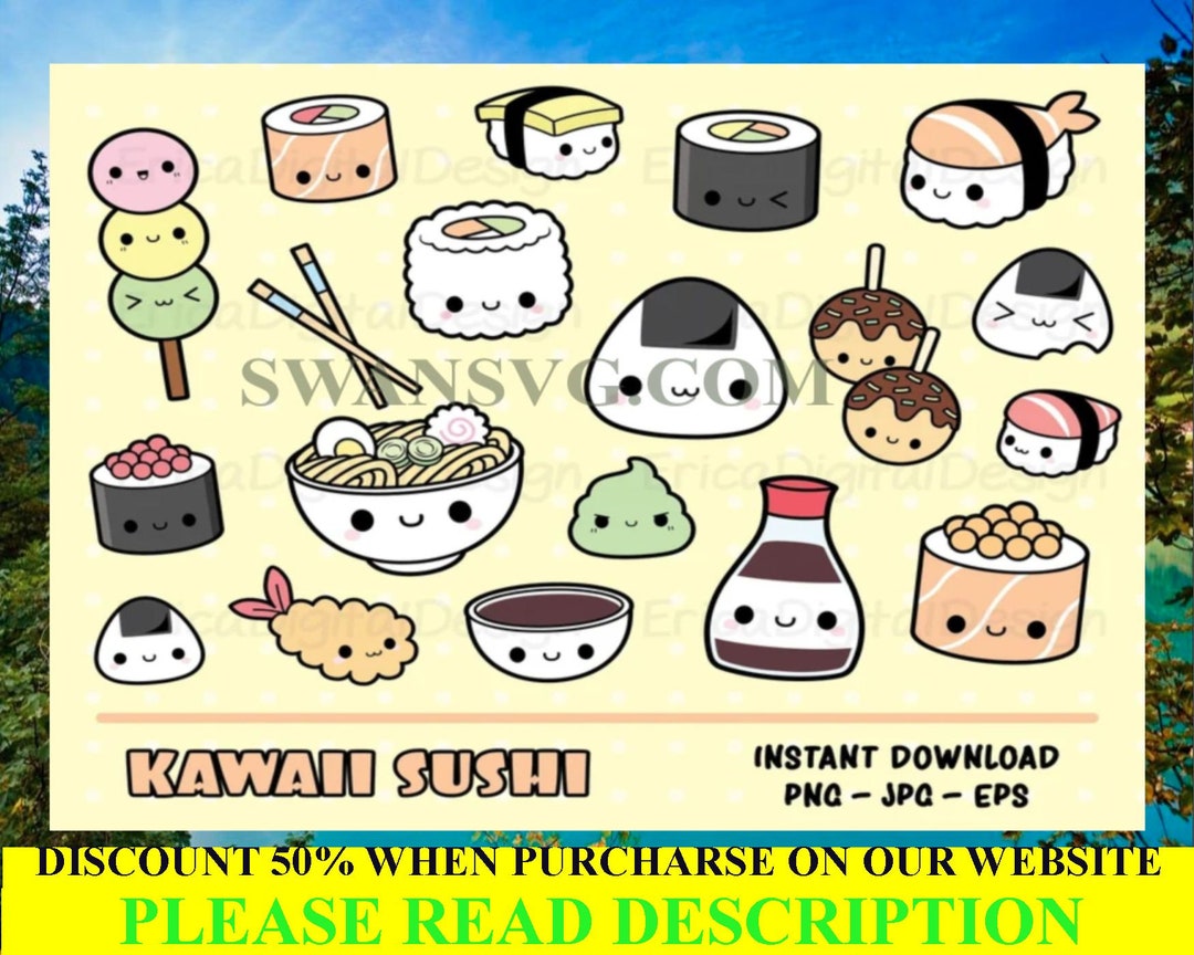 Sushi Kawaii Bundle SVG, Cute Sushi Svg, Onigiri, Nigiri, Maki, Ramen ...