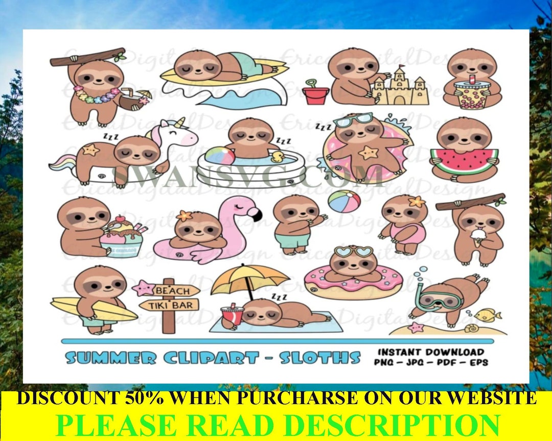 Cute Sloths Kawaii Summer Bundel SVG, Sloth Beach Svg, Pool Party Svg ...