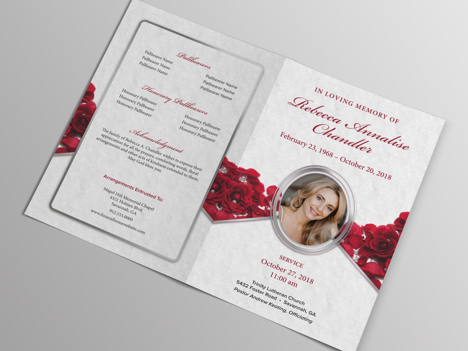 Roses & Pearls Funeral Program Template | Apple Pages | MS Word ...