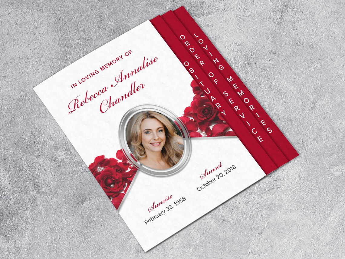 Red Roses Funeral Program Template: Graduated Fold, 8 Pages (apple ...
