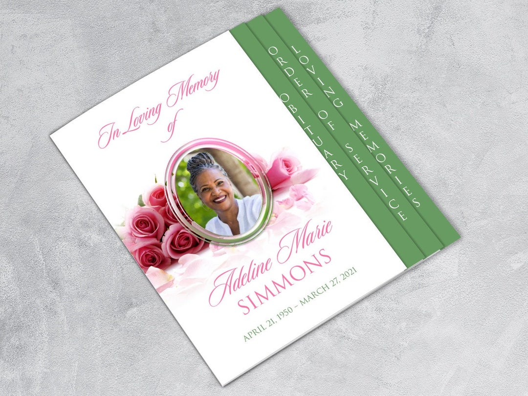 Pink Roses Funeral Program Template: Graduated Fold, 8 Pages, 8.5x14 ...