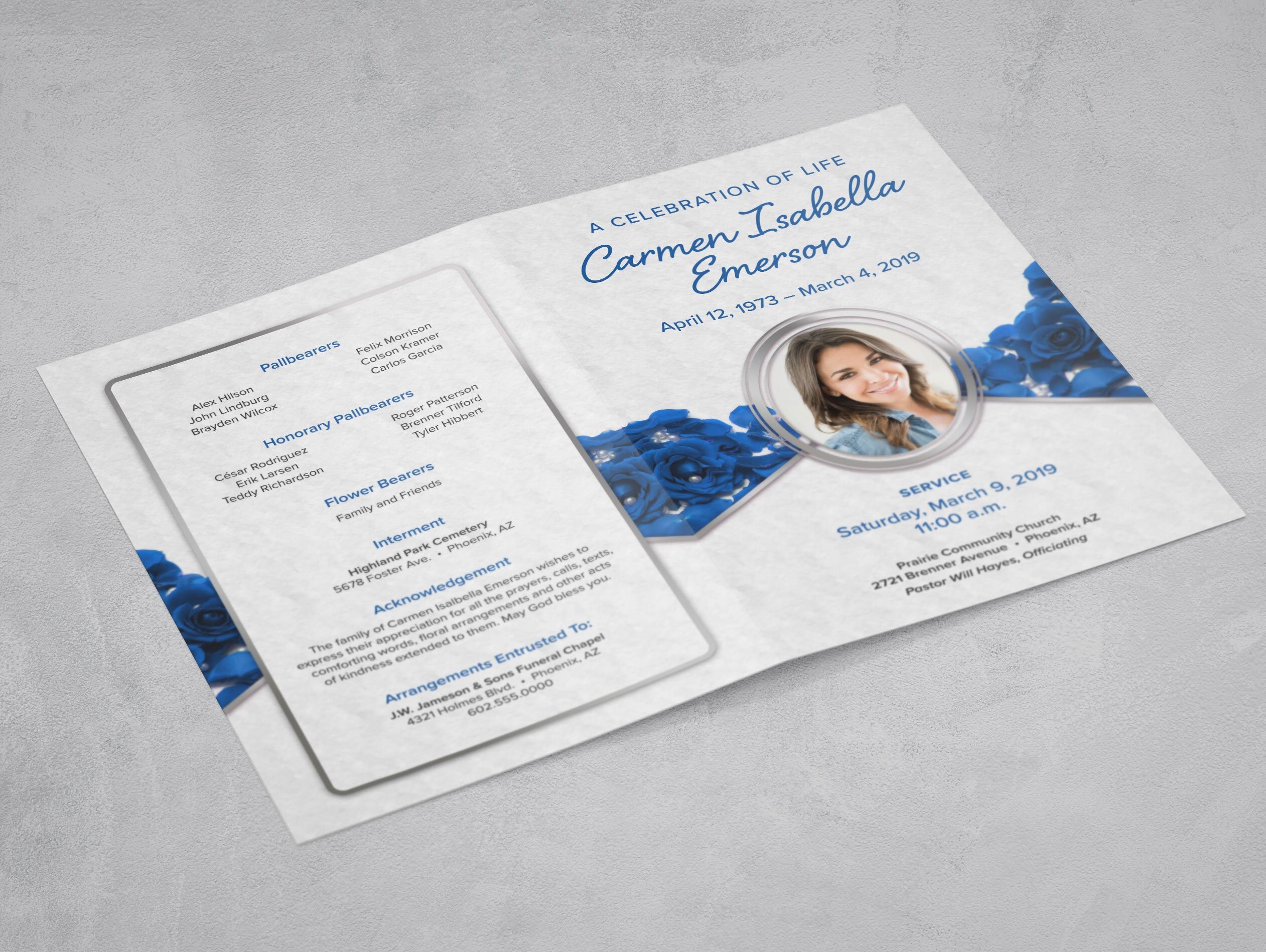 Blue Roses & Pearls Funeral Program Template 8.5 X 11 | Etsy