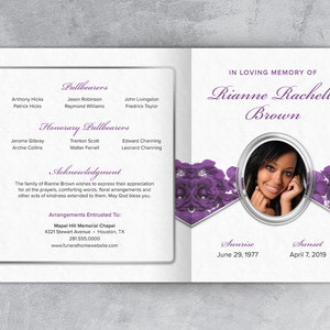 Purple Roses Funeral Program Template: Graduated Fold, 8-page (canva ...