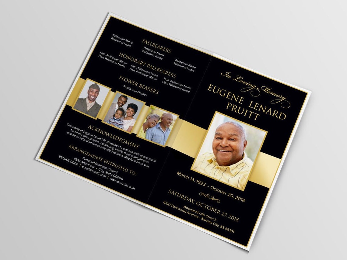 Funeral Program Template Graduated Fold Black and Gold - Etsy