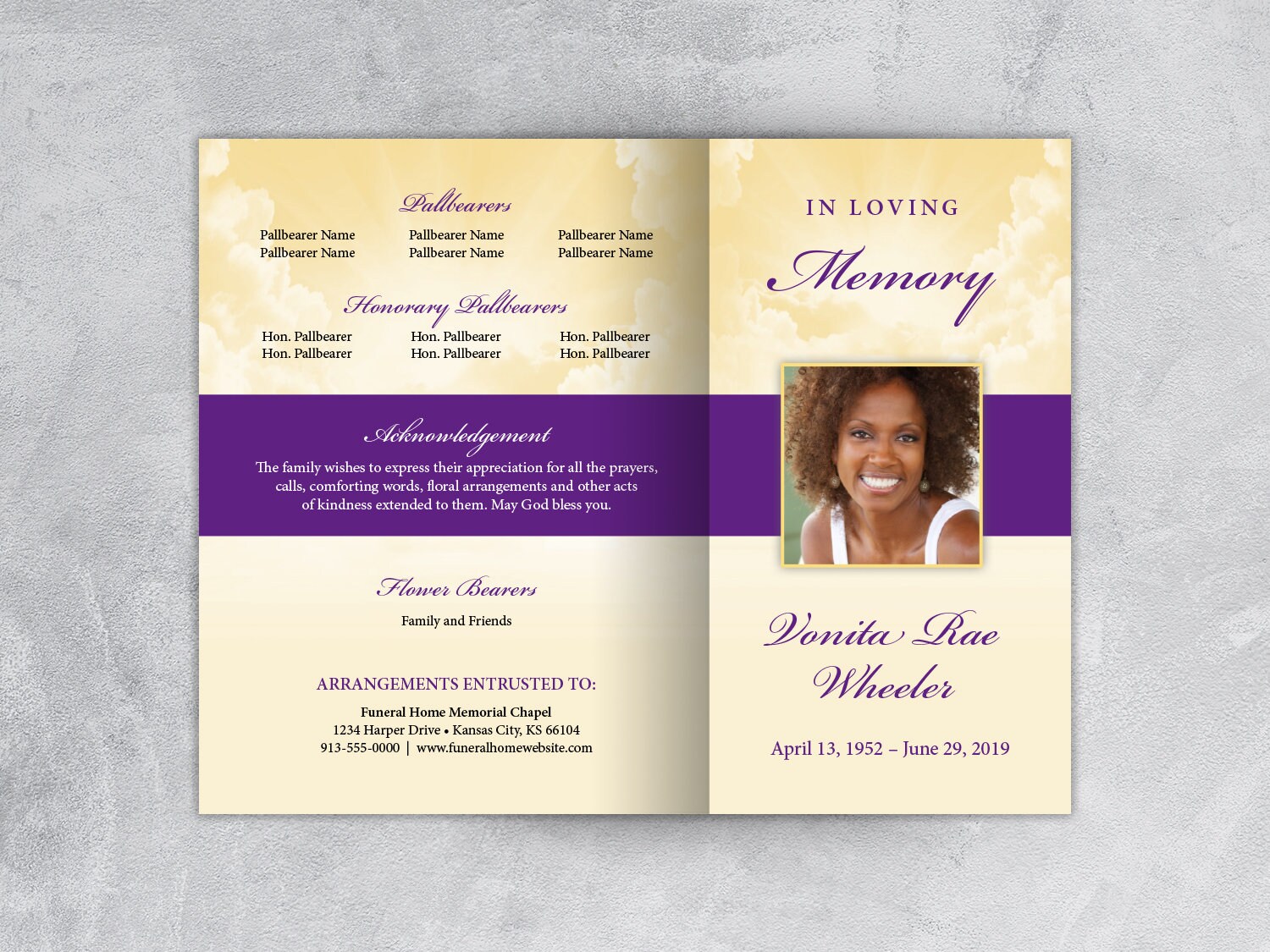 Purple and Gold Clouds Graduated Fold Funeral Program Template | Etsy