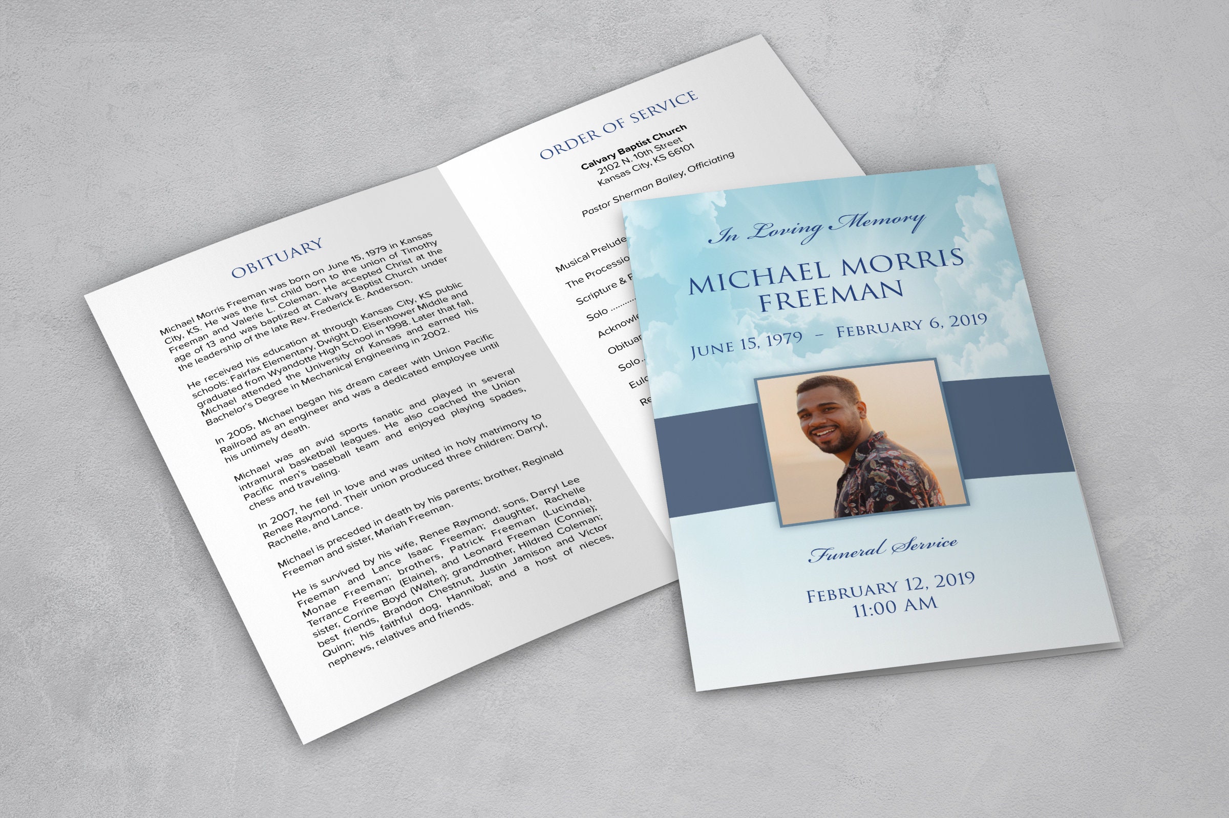 Blue & White Clouds Funeral Program Template 8.5 x 11 | Etsy