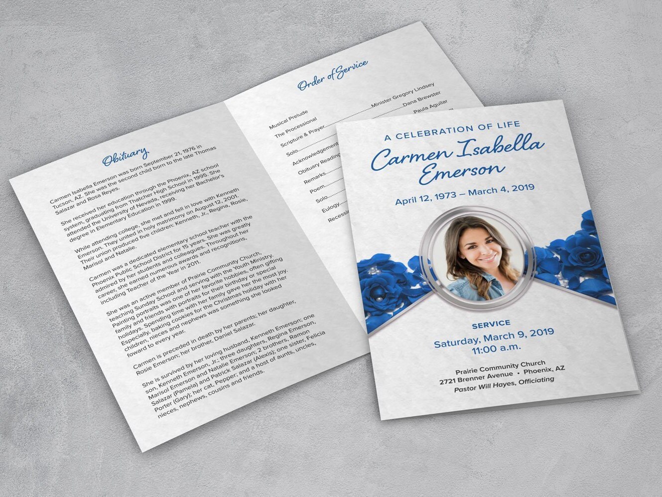 Blue Roses & Pearls Funeral Program Template 8.5 X 11 | Etsy