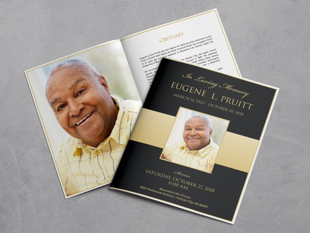 8-pg 11x17 Black & Gold Funeral Program Booklet Template | Canva | Apple Pages | MS Word ...