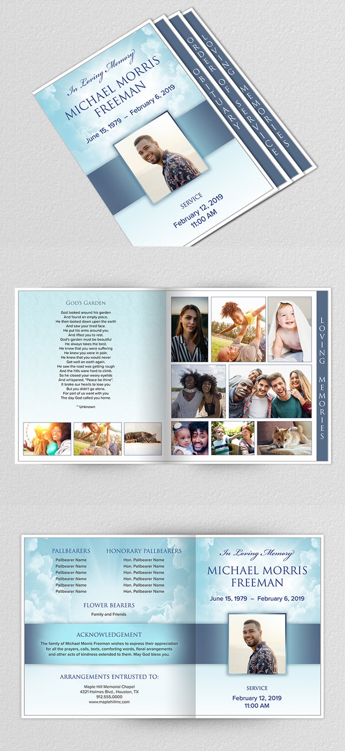 Blue Clouds Graduated Fold Funeral Program Template Apple | Etsy Canada