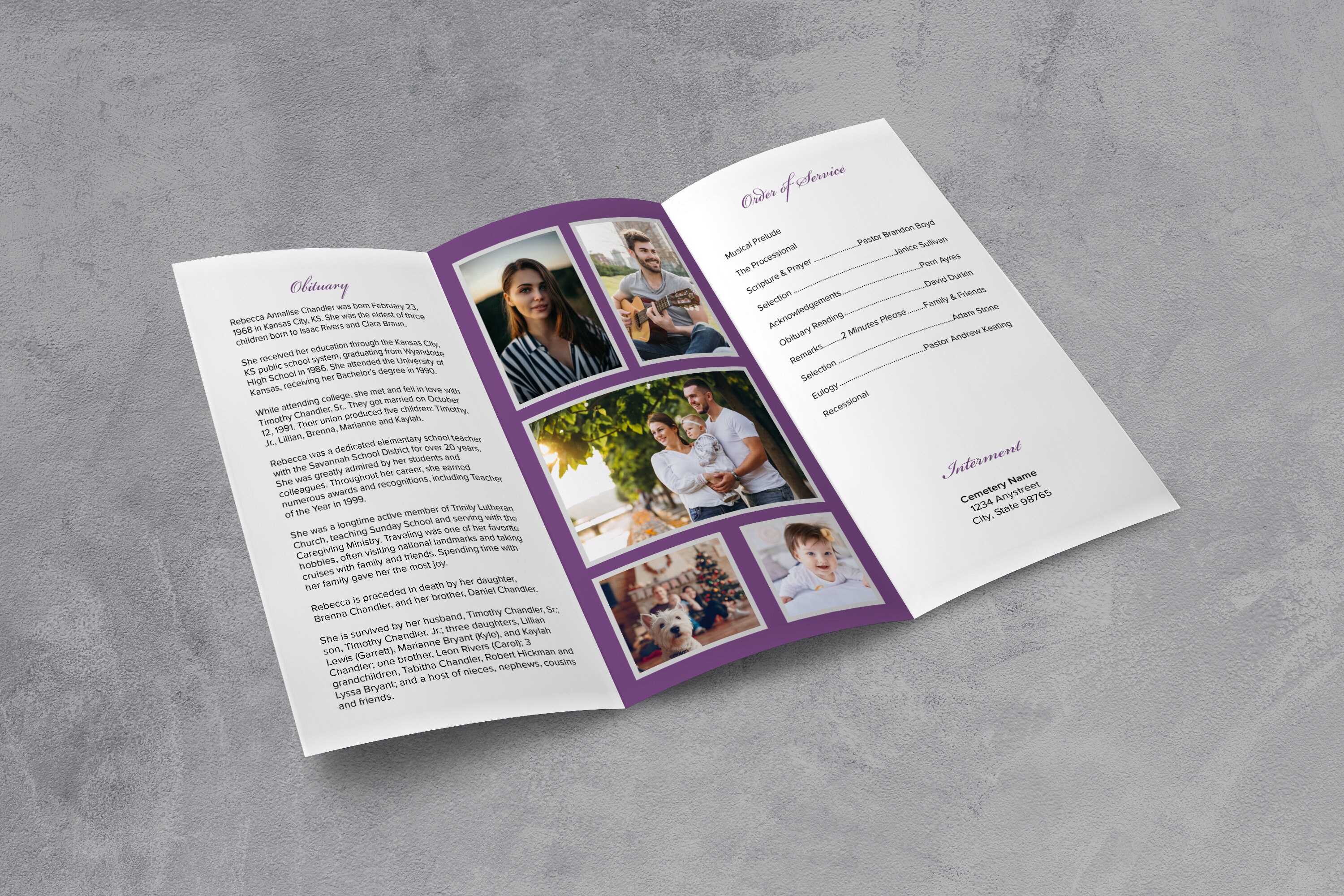 Purple Roses & Pearls Trifold Funeral Program Template | 8.5 X 14 ...
