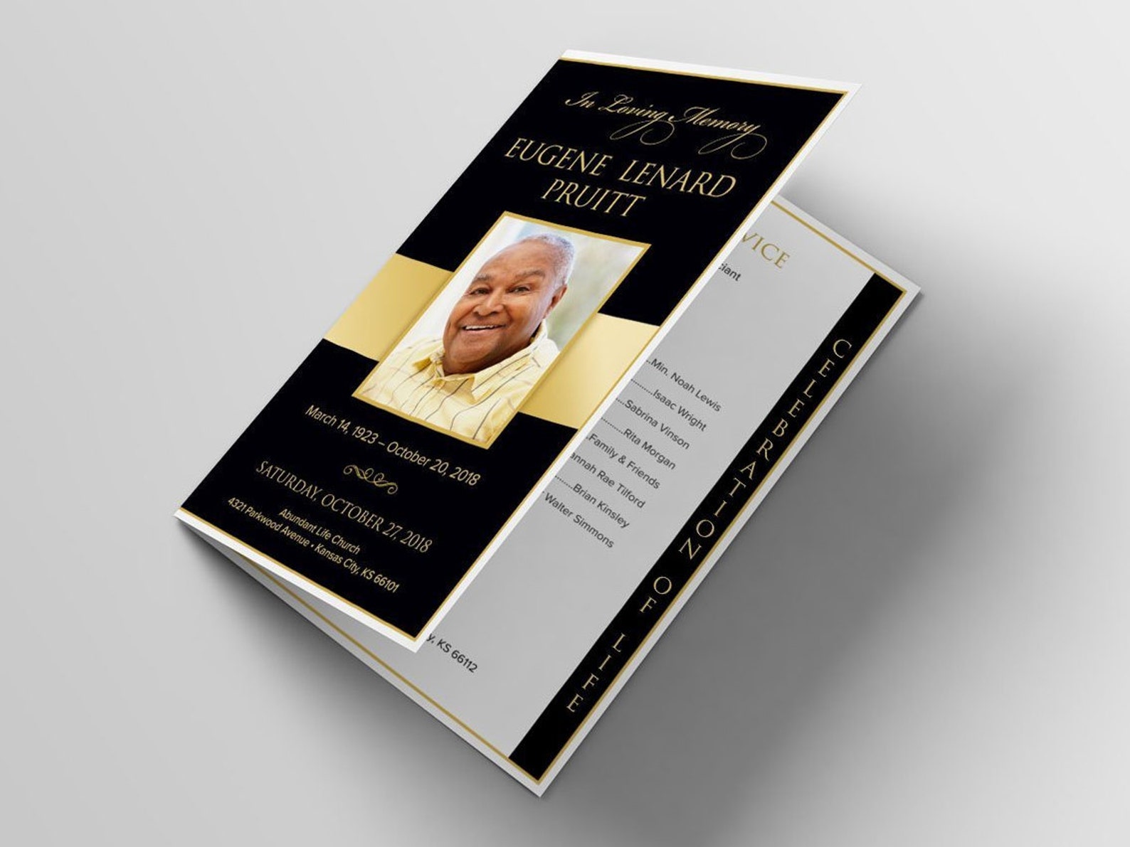 Funeral Program Template Graduated Fold Black and Gold - Etsy