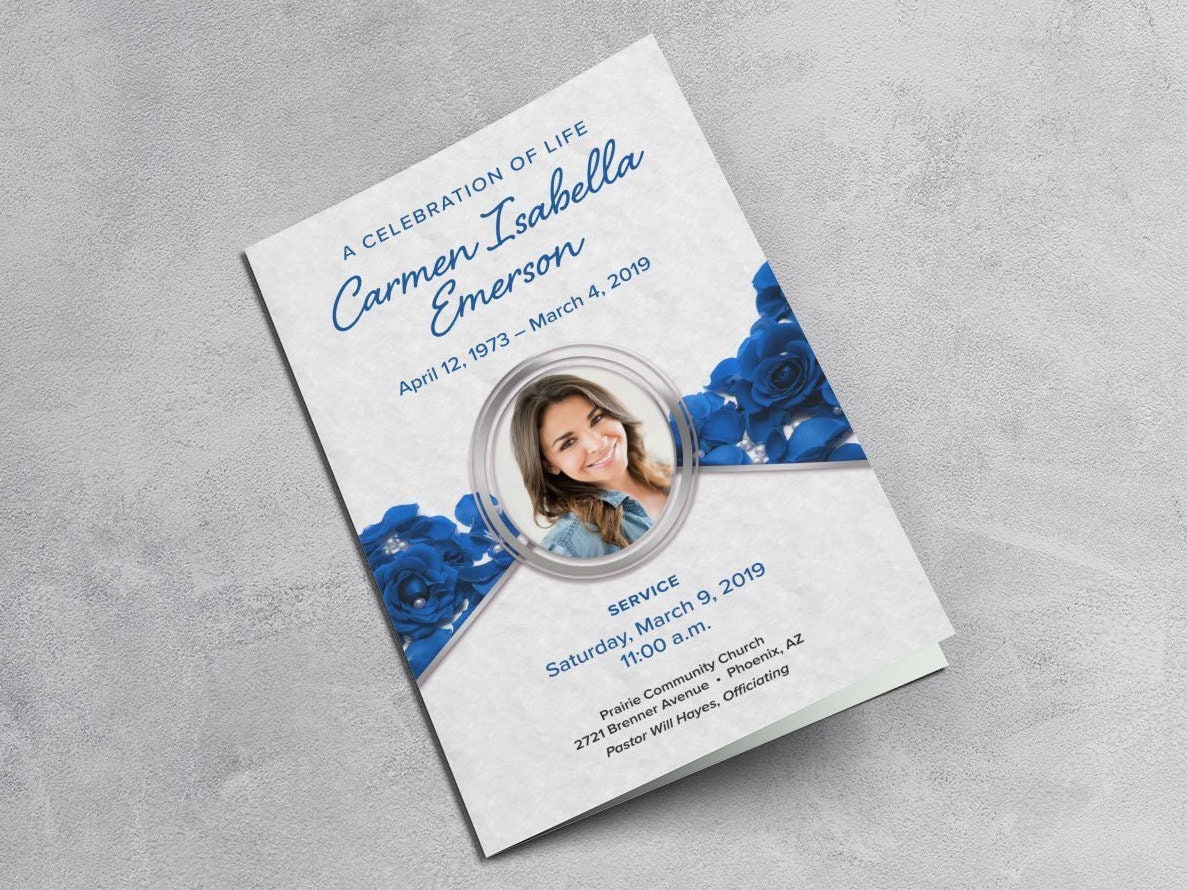 Blue Roses & Pearls Funeral Program Template 8.5 X 11 | Etsy