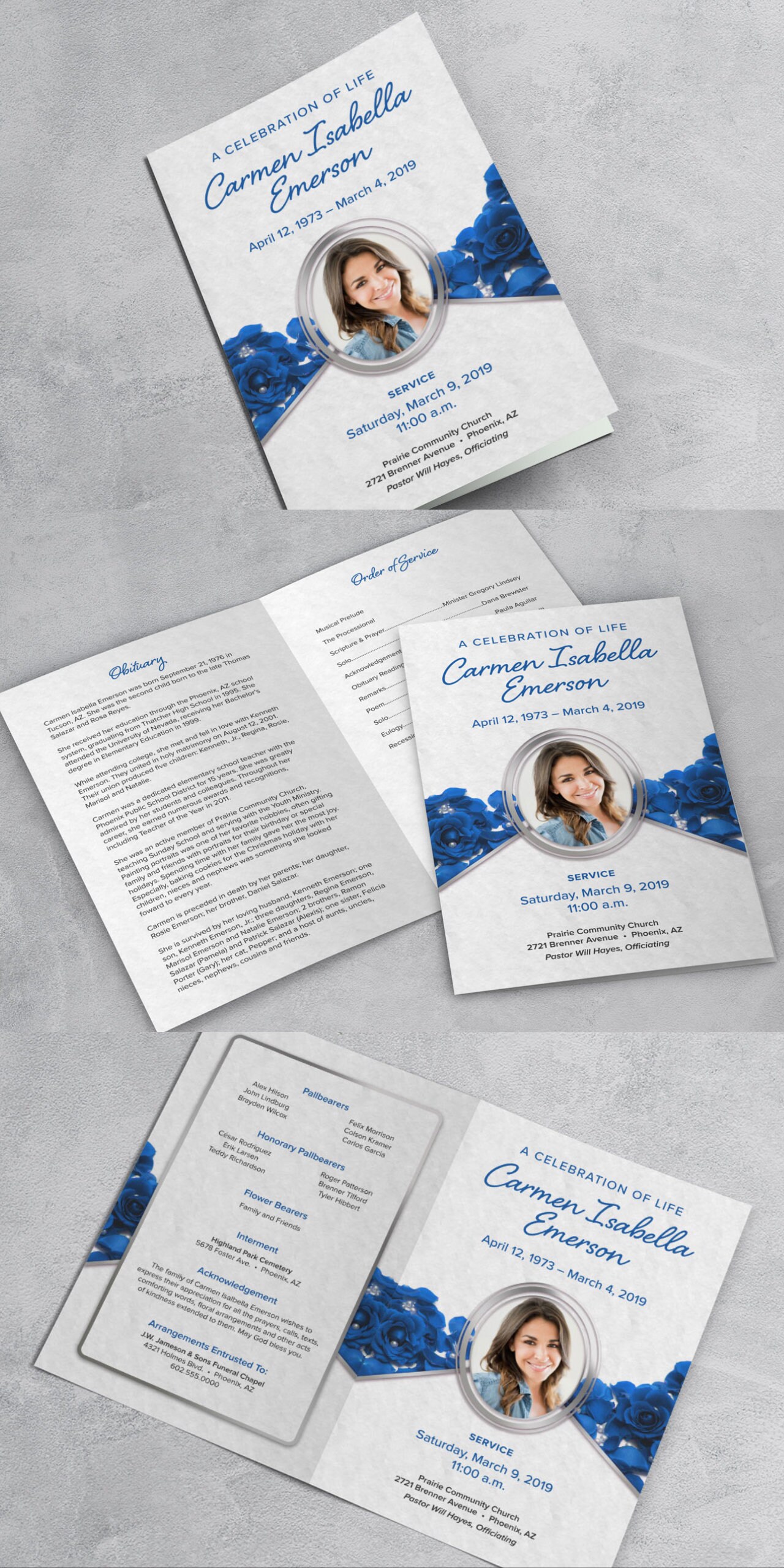 Blue Roses & Pearls Funeral Program Template | 8.5 X 11" | Apple Pages ...