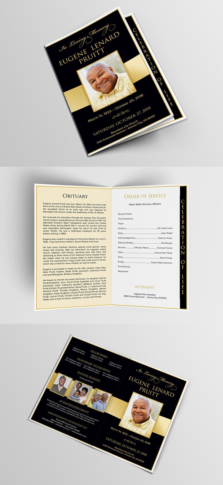Funeral Program Template Graduated Fold Black and Gold - Etsy