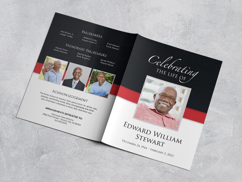 Black and Red Funeral Program Booklet Template 8pg 11x17 | Canva ...