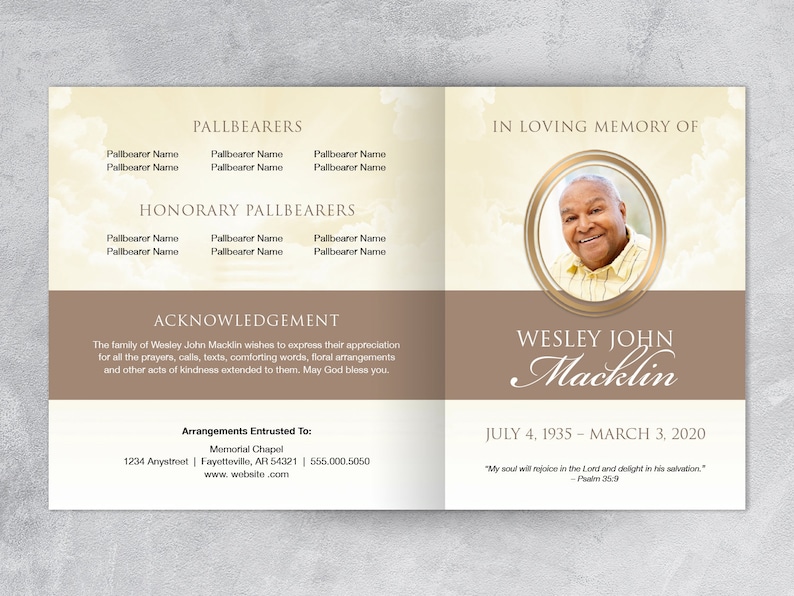 Brown Funeral Program with Clouds Template Graduated Fold | Etsy