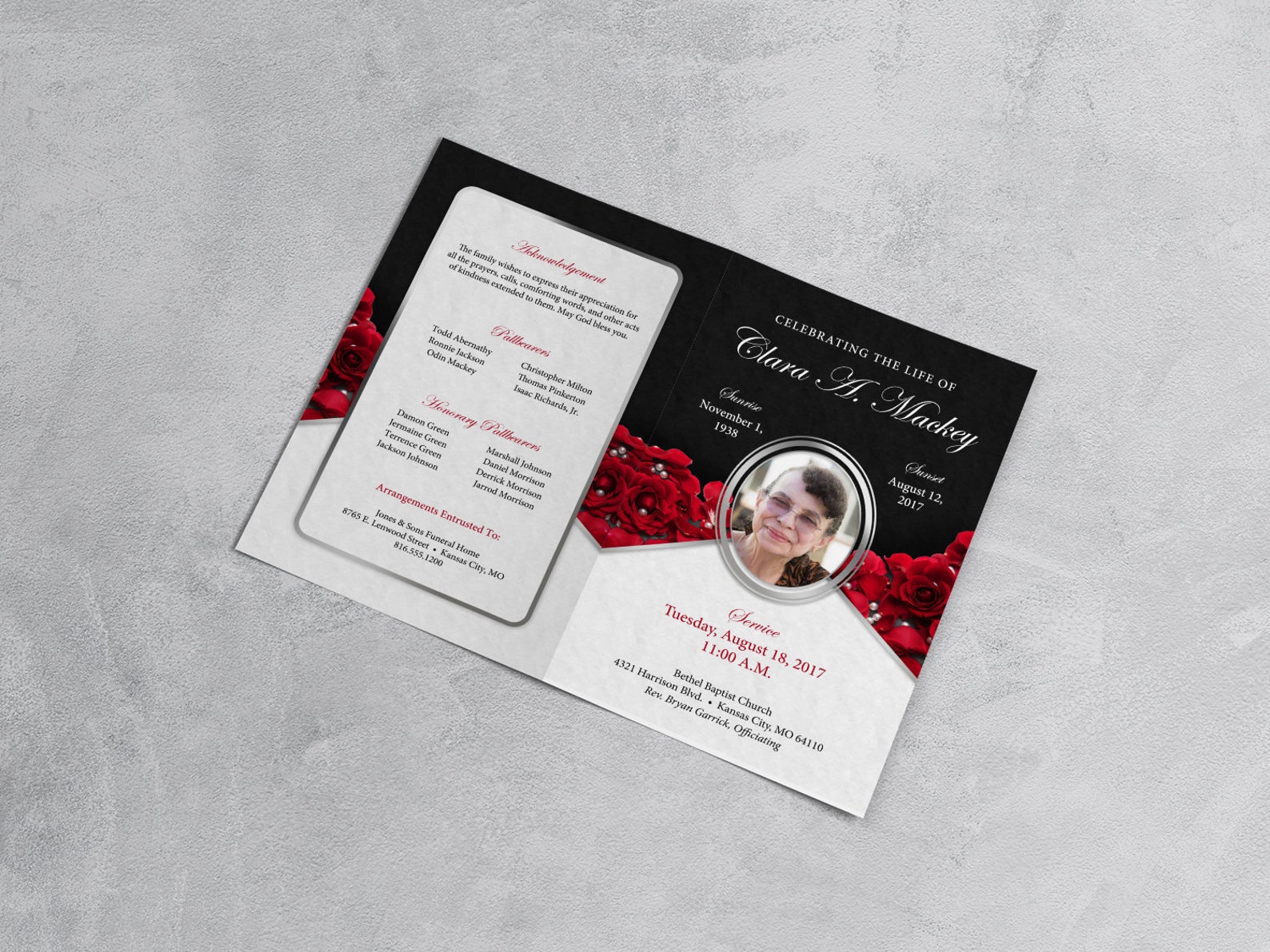 Red Roses Funeral Program Template | 8.5 X 11" | Apple Pages ...