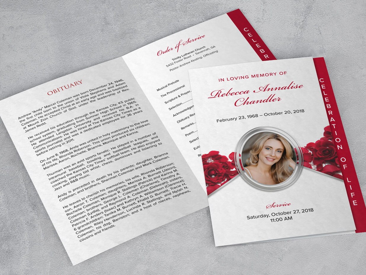 Red Roses Funeral Program Template Single Page Graduated - Etsy