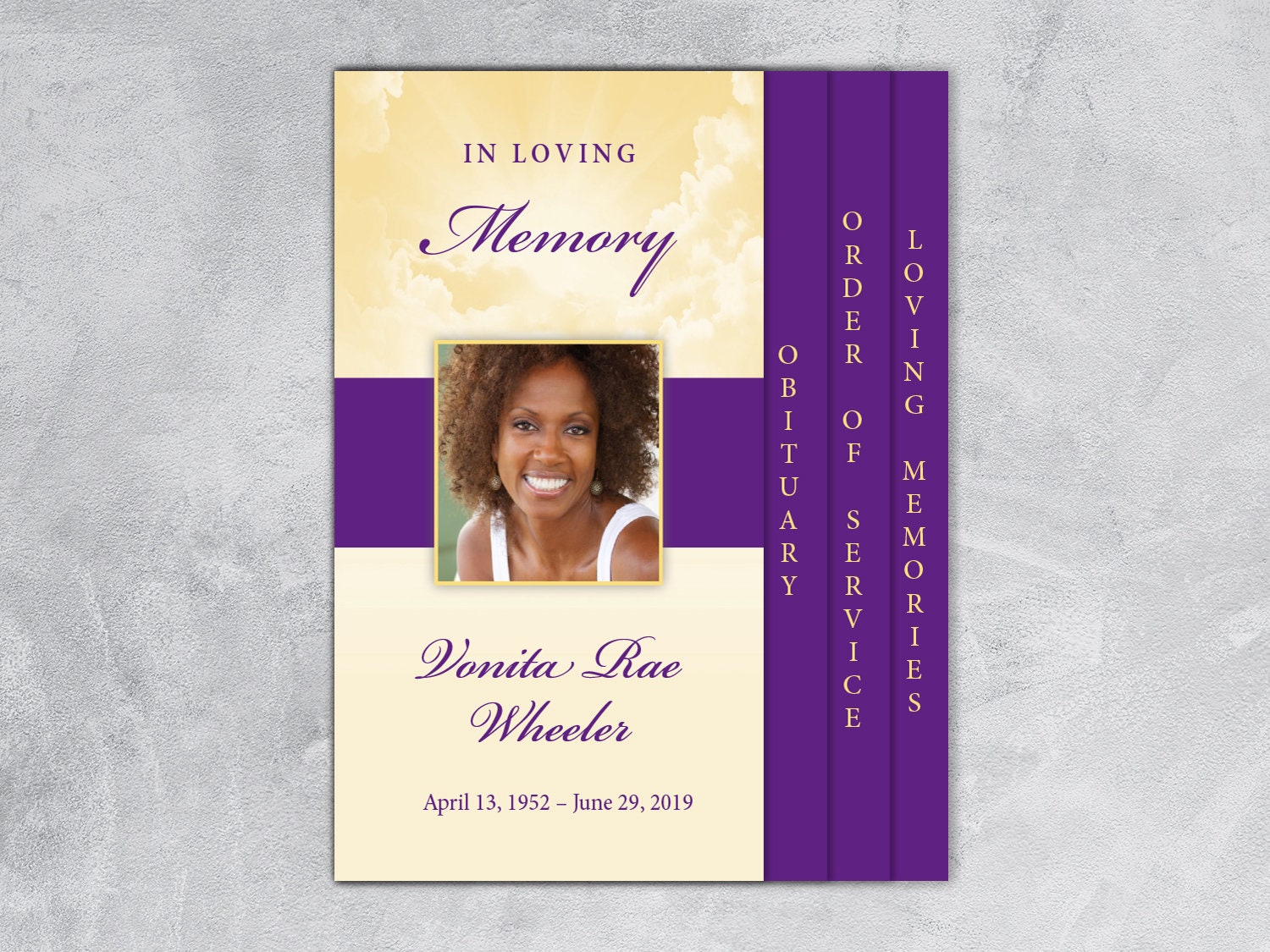 Purple and Gold Clouds Graduated Fold Funeral Program Template | Etsy