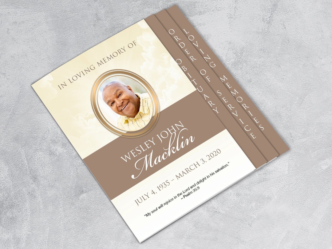 Funeral Program Template: Brown Clouds, Graduated Fold (canva, Word ...