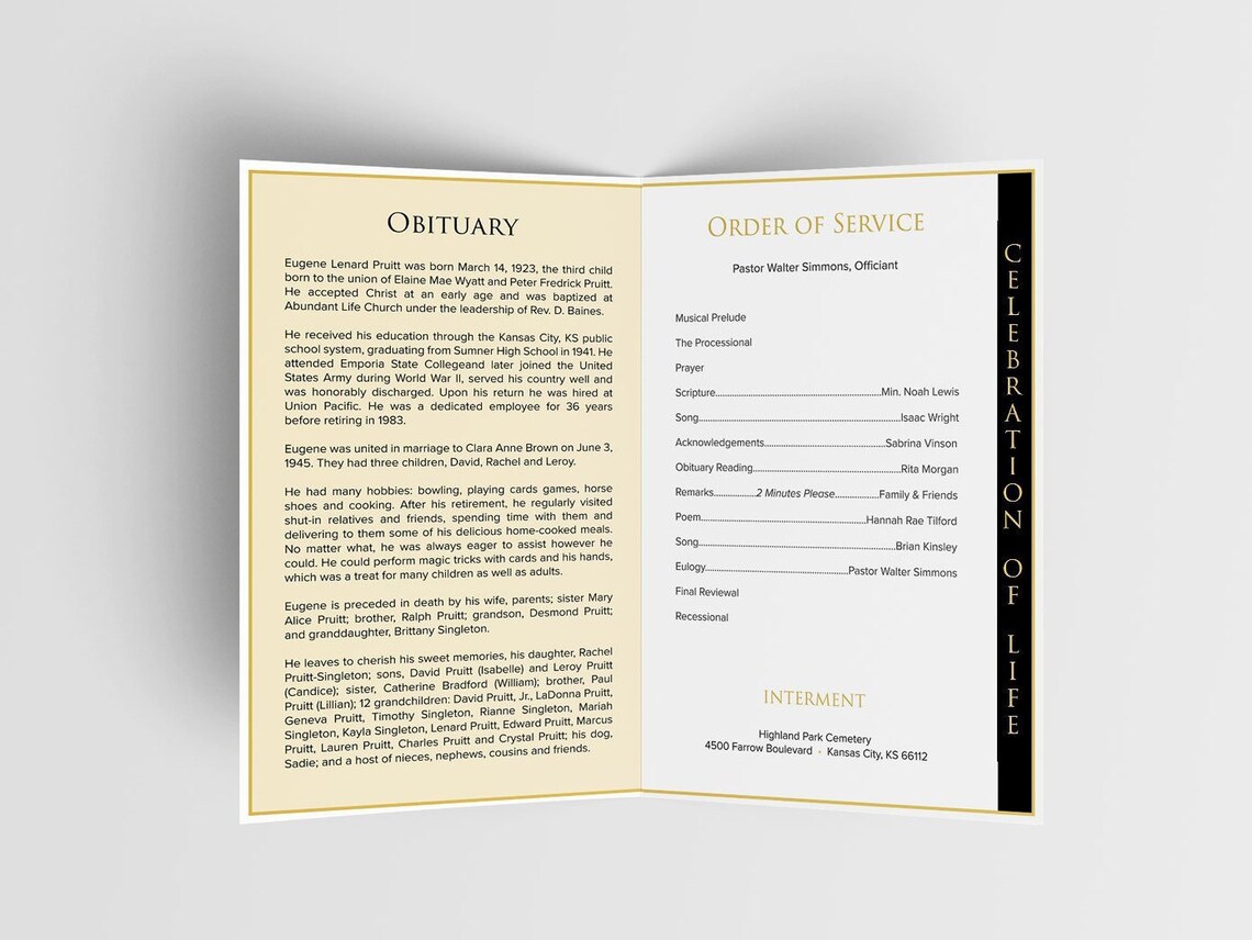 Funeral Program Template Graduated Fold Black and Gold - Etsy