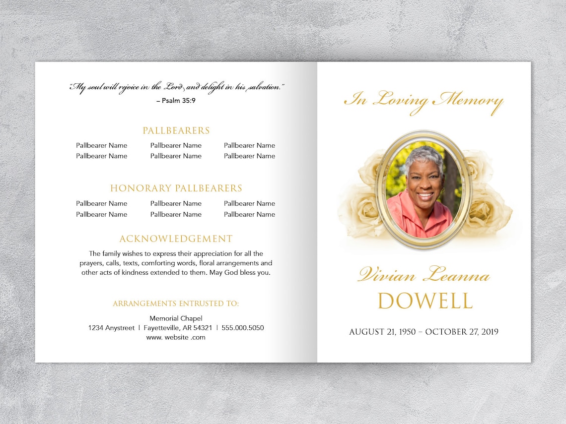 Gold & White Floral Funeral Program Template Graduated Fold - Etsy